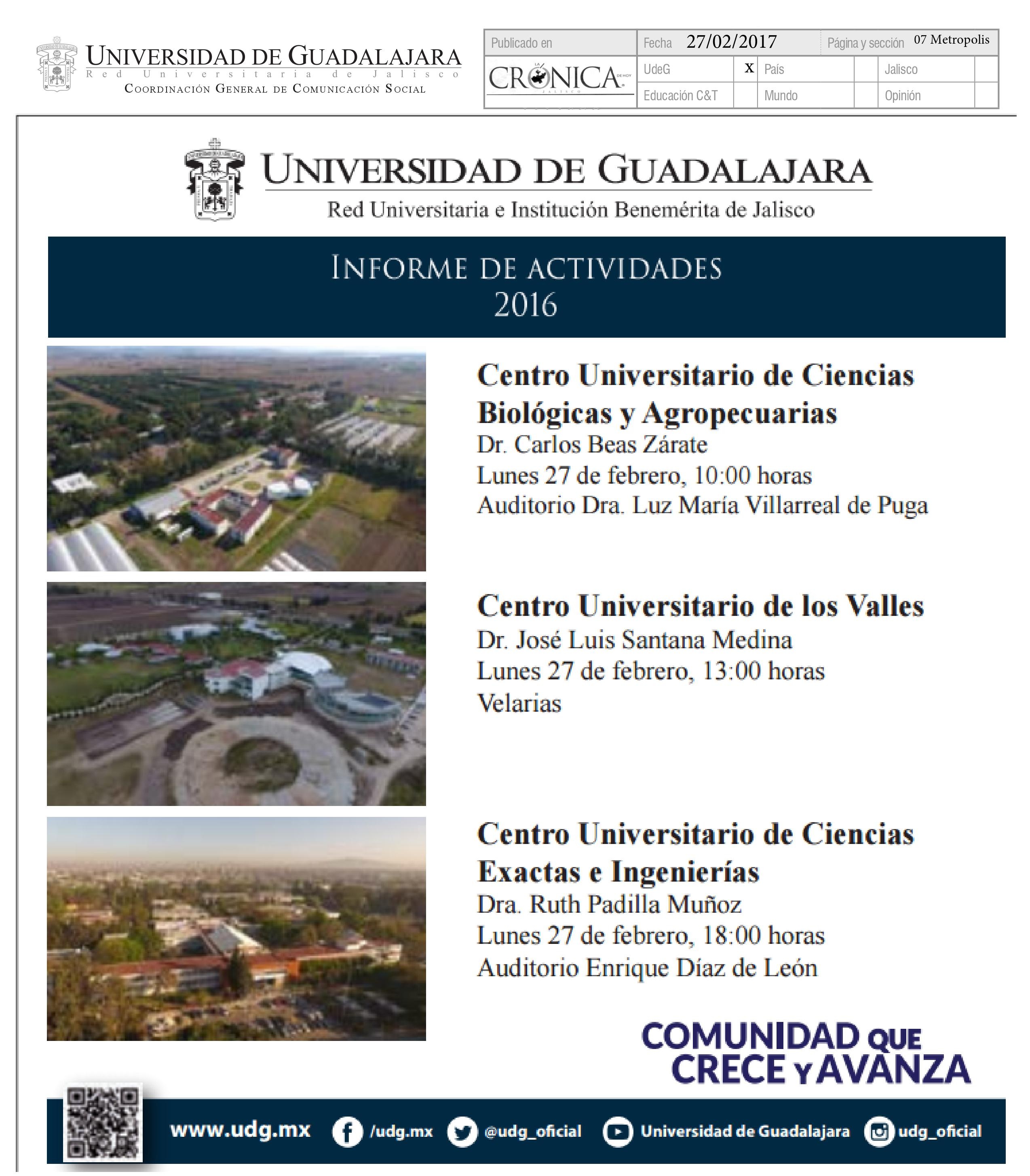 Informe de Actividades 2016 (CUCEI) | Centro Universitario de Ciencias ...